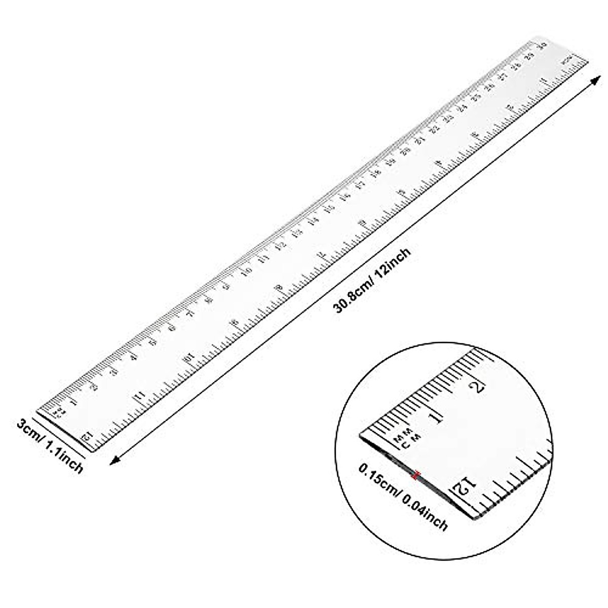 EBOOT 20 Pack Clear Plastic Ruler 12 Inch Straight Ruler Flexible Ruler with Inches and Metric for School Classroom, Home, or Office (Clear)