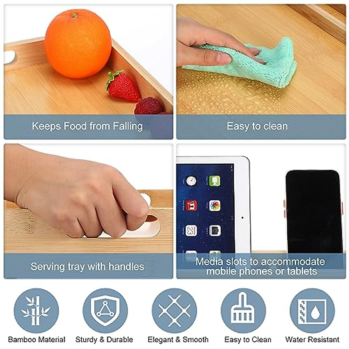 Leinuosen 2 Pcs Large Bed Tray Table with Media Slot 19.7 Inch Bamboo Breakfast Food Tray with Handles Folding Legs Portable Laptop Pad Desk TV Snack Tray for Eating, Reading, Working