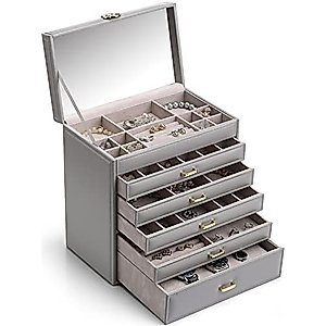 Vlando 6 Tier Large Jewelry Box for Women - Huge Jewelry Organizer Box with Mirror, Large Jewelry Storage Organizer for Necklace Ring Bracelet and Watch, Gift for Loved Ones - White
