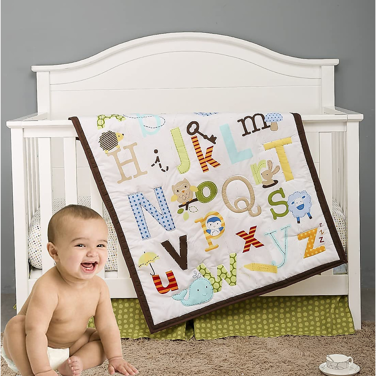 Brandream Nursery Bedding for Boys ABC Crib Bedding 3 Piece Cute Owls Elephant Whale Comforter Set, Mint Blue Grey