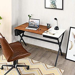 Tangkula 47’’ Computer Desk w/Cube Drawer, Home Office Writing Desk with Side Storage Bag, Modern Stylish PC Study Table Workstation for Bedroom (Walnut & White)
