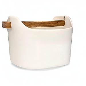 QualKits Ceramic Utensil Holder with Acacia Wood Handle - Multipurpose Caddy Organizer - Bathroom Organizer Countertop (White)