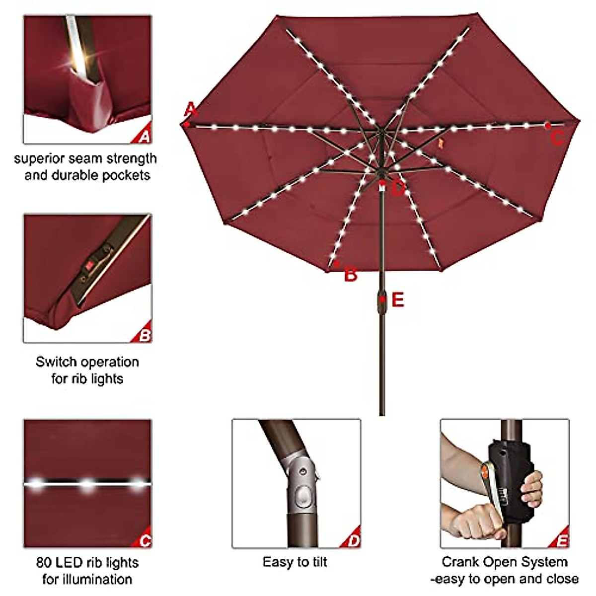EliteShade USA 10-Year-Non-Fading Sunumbrella Solar 9ft 3 Tiers Market Umbrella with 80 LED Lights Patio Umbrellas Outdoor Table with Ventilation,Burgundy