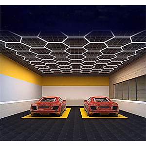 Car Detailing Hexagon Led Garage Light, 15 Hexagonal Honeycomb Grid Systems Led Shop Lights for Garage/Workshop W/White Border, IP54 AC 110V(15.88 fts x 7.98 fts)