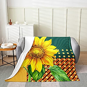 Erosebridal Sunflowers Throw Blanket Yellow Floral Flannel Blanket Twin Size Stripes Fleece Blanket Geometric Stripes Dots Botanical Plush Bed Blanket Cabin Bedroom Decor All Season,Yellow Blue Brown