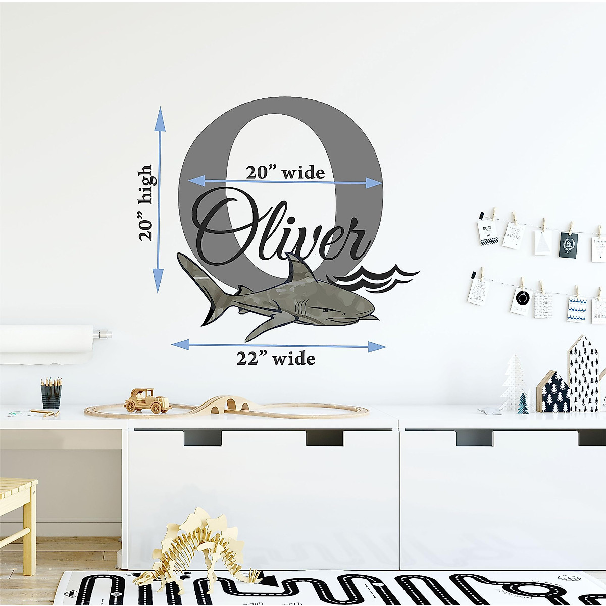 Boys Nursery Baby Shark Beach Sea Theme Personalized Custom Name and Initial Decal Vinyl Wall Decal Wall Decor Wall Sticker (Medium)