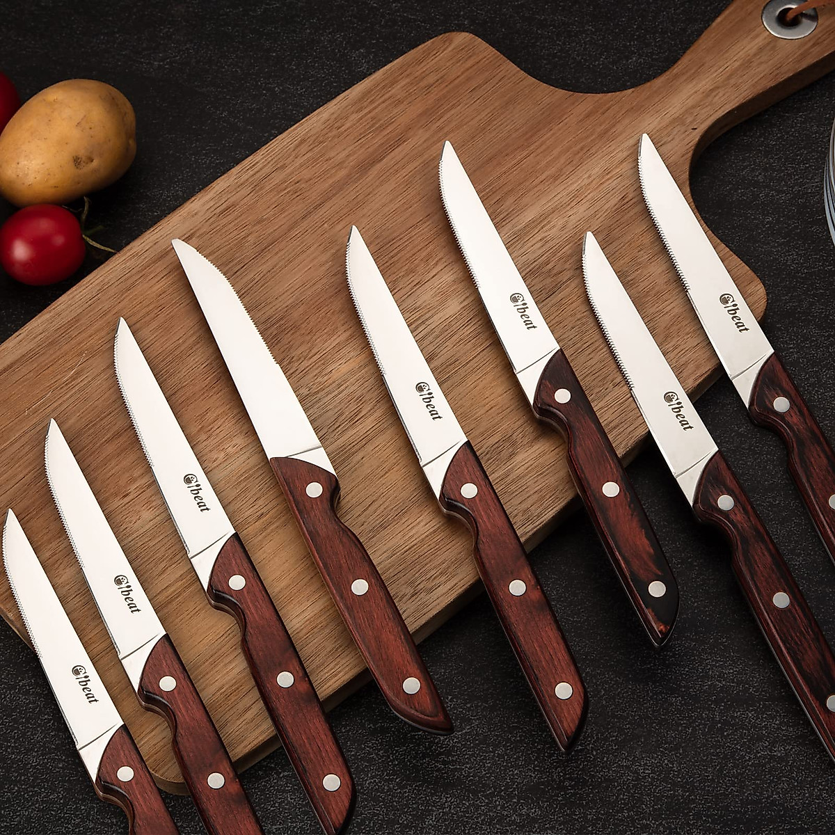 Fashionwu Serrated Steak Knife Set of 8, Stainless Steel Serrated Steak knives with Wood Handle, Sharp Knife for Cutting Meat, Fine Edge Steak Knife Set, Rust Resistant