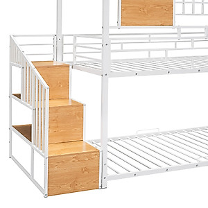 Harper & Bright Designs Metal Twin Over Twin Bunk Beds with Slide, House Bunk Bed with Storage Stairs, Kids Bunk Beds with Roof and Guardrails for Girls Boys Teens, White+White Slide