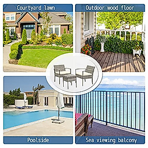 IJIALIFE 3 Pieces Patio Furniture Set, Indoor/Outdoor Patio Rattan Wicker Conversation Bistro Set for Garden Balcony Backyard Porch Lawn, Grey Rattan & White Cushion