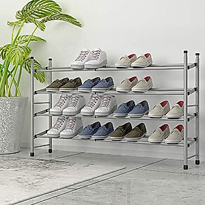 TZAMLI 4-Tier Free Standing Shoe Rack Metal Iron of Expandable and Adjustable Shoes Organizer, Stackable Shoe Shelf for Entryway Doorway, 24.41" x 8.66" x 25.98" (Silver Gray, 4-Tier)