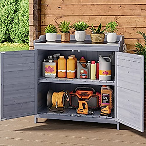 Gizoon Outdoor Potting Bench with Metal Tabletop, Double Doors Garden Potting Table with Adjustable Shelf, Wooden Planting Table Potting Stand for Backyard, Patio, Lawn -Grey