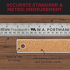 Breman Precision Metal Ruler 18 Inch - Stainless Steel Cork Back Metal Ruler - Premium Steel Straight Edge 18 inch Metal Ruler - Flexible Stainless Steel Ruler - Imperial and Metric Ruler