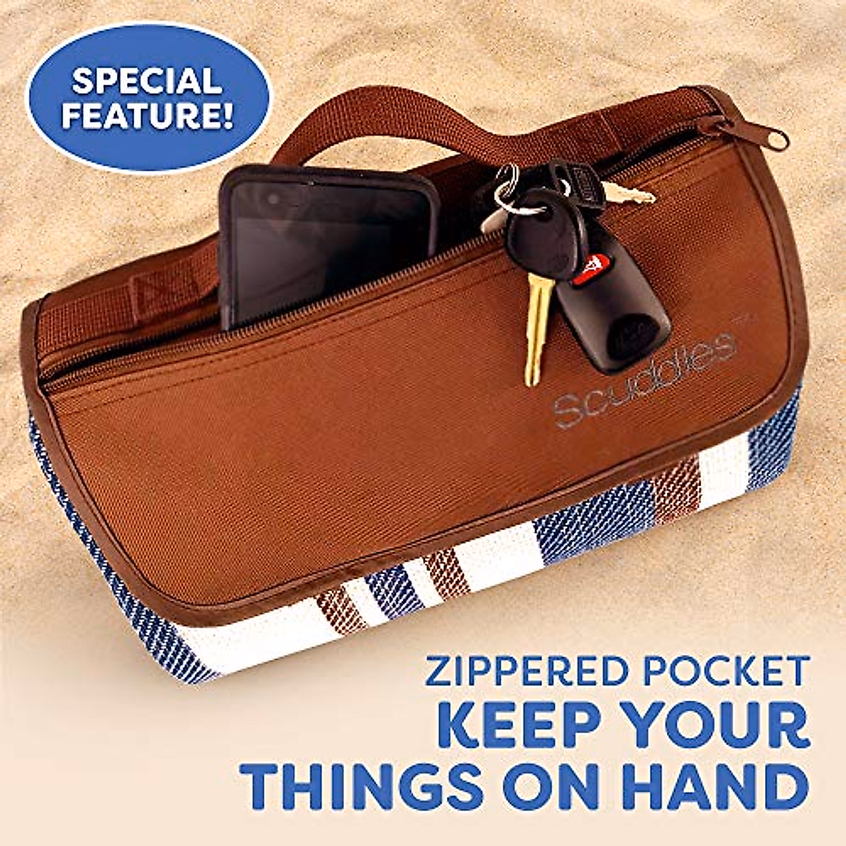Scuddles Extra Large Picnic & Outdoor Blanket with Pocket for iPhone Keys and More Dual Layers for Outdoor Water-Resistant Handy Mat Tote Spring Summer Camping Blanket Great for The Beach