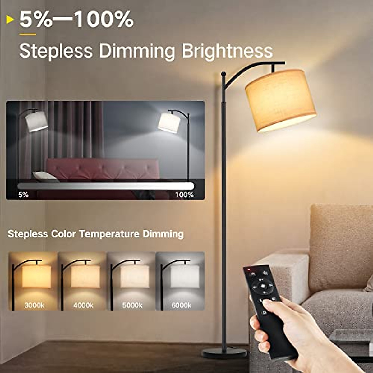 OUTON Arc Floor Lamp with Remote Control, LED Dimmable Modern Lamp with 4 Color Temperatures, Tall Standing Reading Lamp with Adjustable White Linen Shade for Living Room, Office, Black Matte