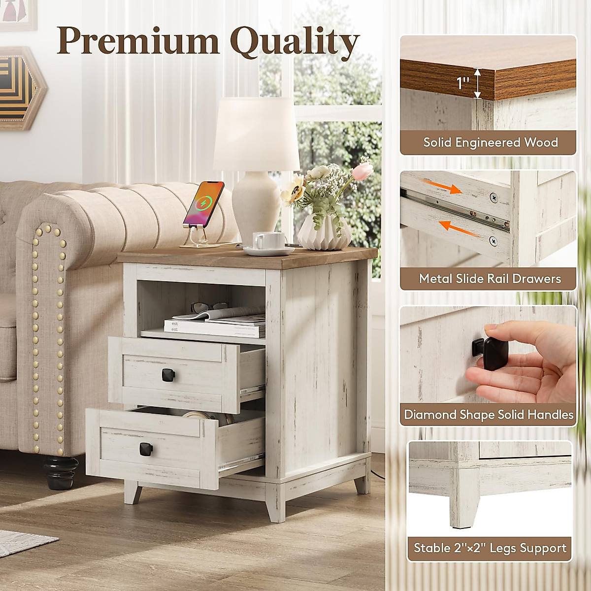 Lifewit Farmhouse Nightstand with Power Outlets and USB Ports, Bedside Table with 2 Drawers and 1 Open Storage Space, Side Table, End Table, Night Stand for Bedroom, Rustic White