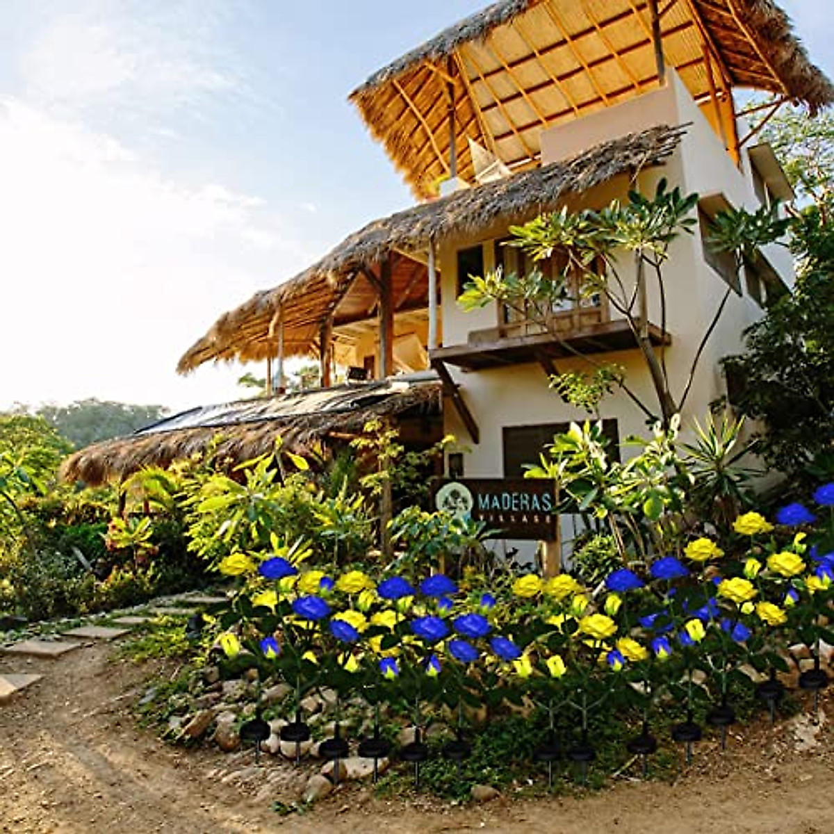 Outdoor Realistic Solar Powered Rose Flower Lights Stake,2 Pack 10 Rose Solar Garden Decorative Waterproof Lights for Backyard Patio Pathway Xmas Decoration-Blue