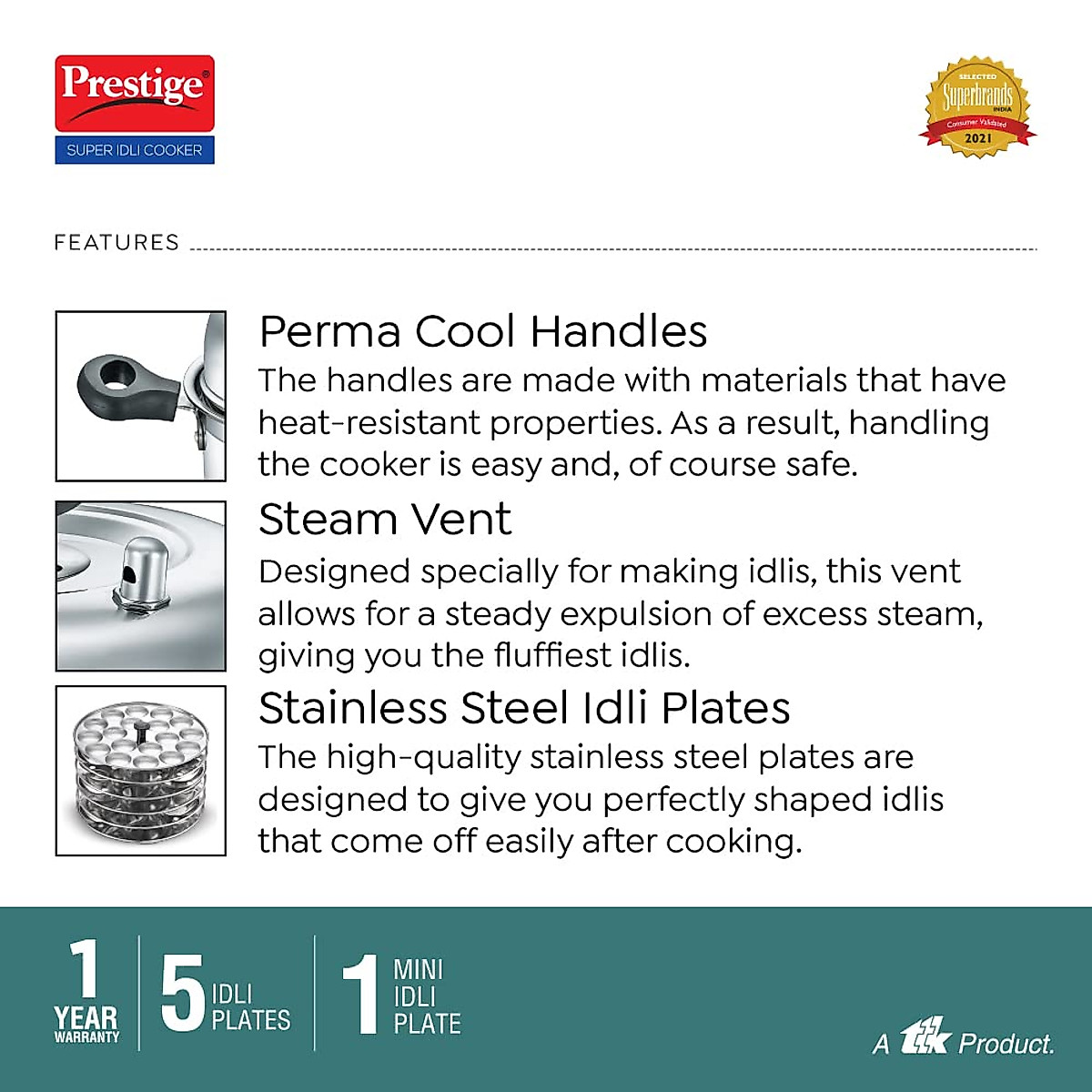 TTK Prestige PRID6 Cooker, 5Plates + 1 Mini Idli Plate, SILVER