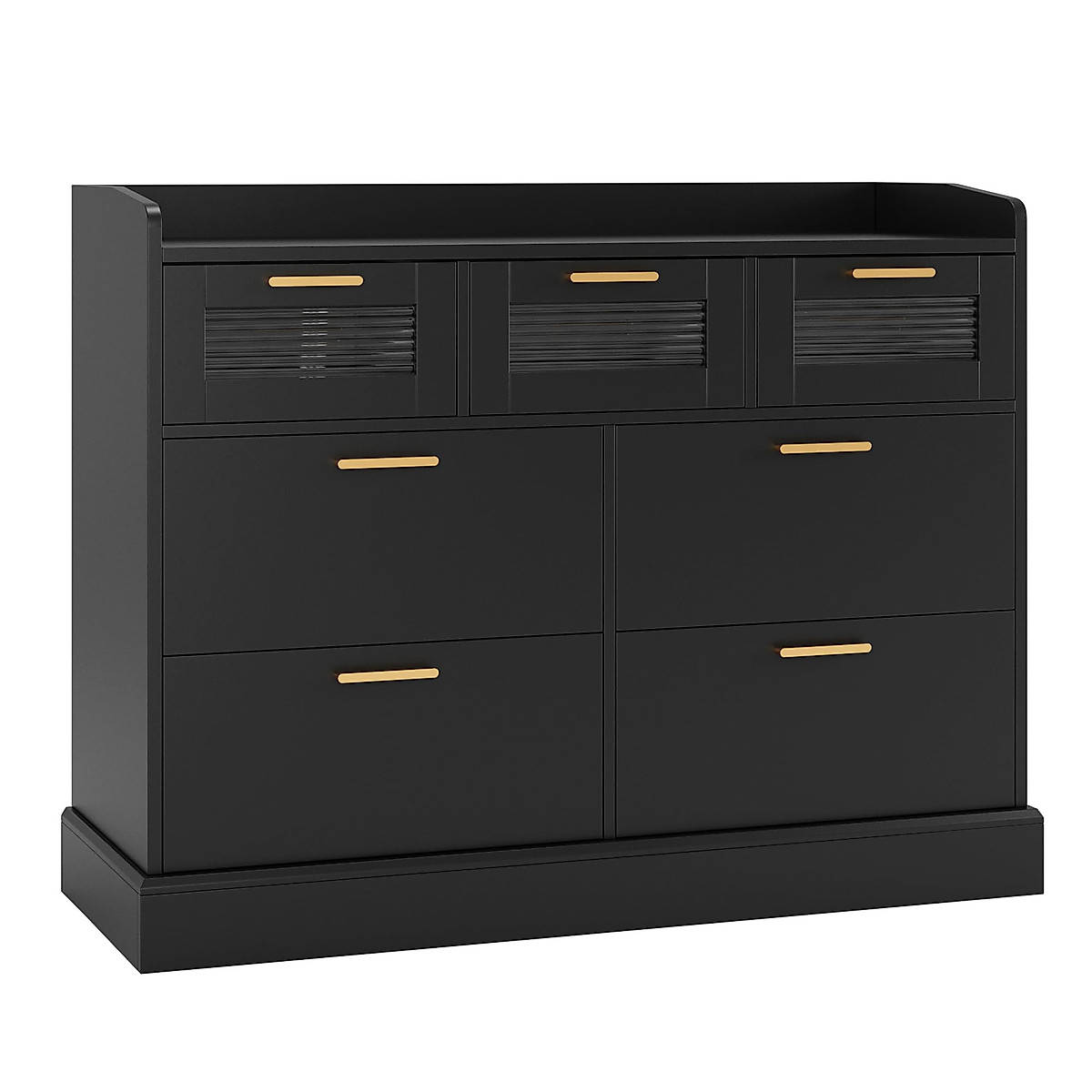 HOSTACK Modern 7 Drawer Dresser, Wide Chest of Drawers with Fence, Wood Storage Organizer with Gold Handle & Fluted Glass, Accent Storage Cabinet for Living Room, Entryway, Black