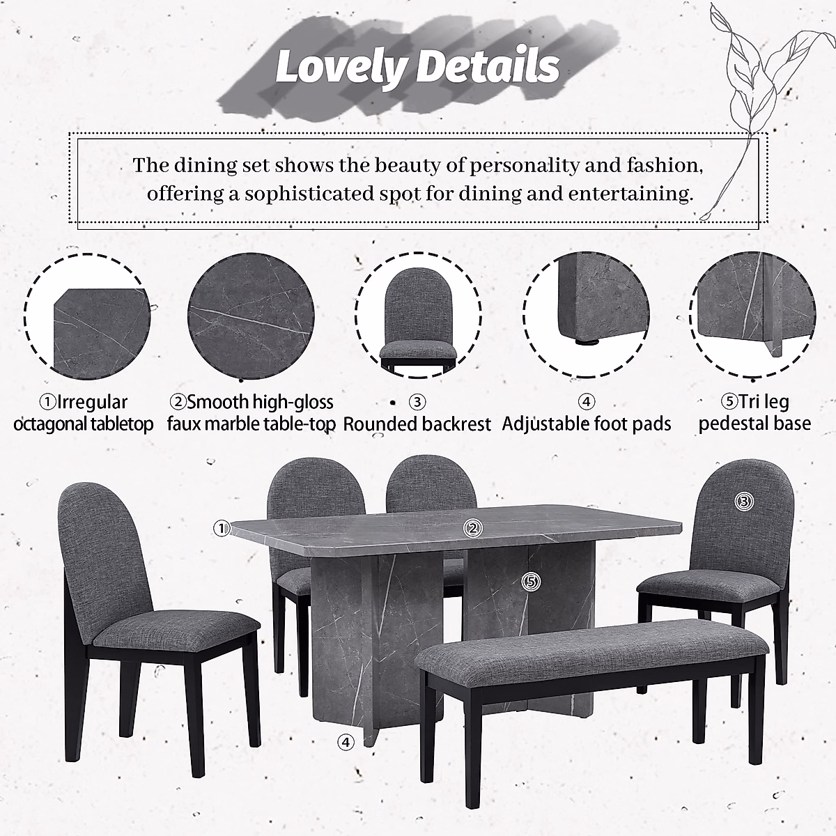 Merax 6 Pieces Dining Table Set with 4 Chairs and 1 Bench,Modern Faux Marble Kitchen Furniture, Gray