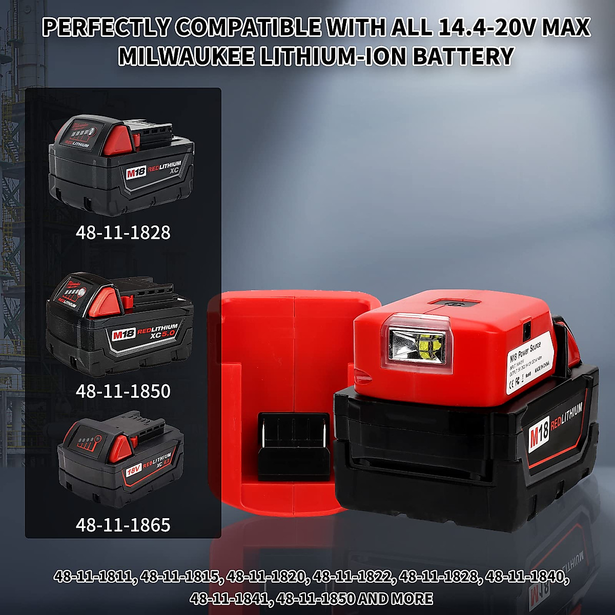 Taingwei USB Charger Adapter for Milwaukee M18 Lithium Battery, LED Work Light with Dual USB Charger and 12v DC Port,Power Source Supply for 14.4-20v Max Lithium-Ion Battery