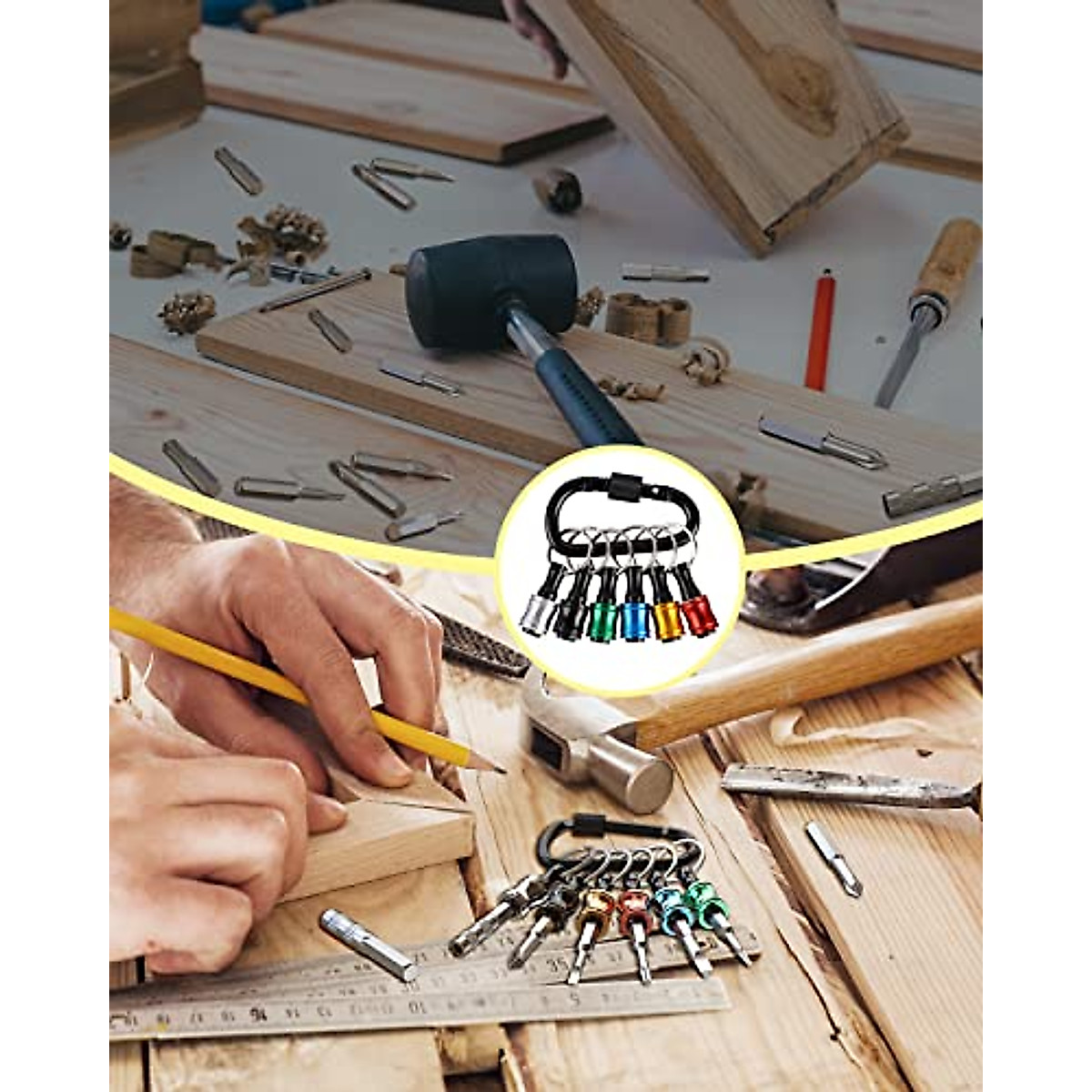 Upgrade, Push to Unlock,katerk 6pcs 1/4 inch Hex Shank Aluminum Alloy Screwdriver Bits Holder Light-weight Quick-change Extension Bar Keychain Drill Screw Adapter Change Portable, With Black Carabiner