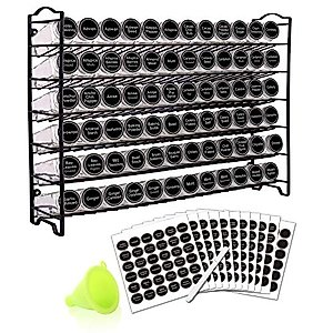 SWOMMOLY Spice Rack Organizer with 72 Empty Square Spice Jars, 340 Spice Labels with Chalk Marker and Funnel Complete Set,for Countertop,Cabinet or Wall Mount, Black
