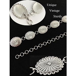 TOPACC Western Metal Oval Concho Chain belts for Women Silver Boho Cowgirl Belt for Dresses Jeans Girls Country Concert Outfit