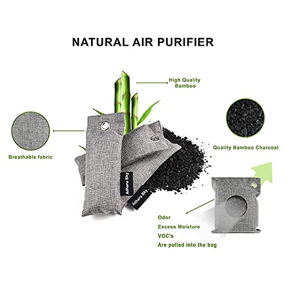 Adhara Sky 12 Pack Bamboo Charcoal Air Purifying Bag, Activated charcoal Bags Odor Absorber, Odor Eliminator for Home, Car, Office, Closet & House Deodorizer (6X200g,2X100g,4X50g,6 Hooks & Strings)