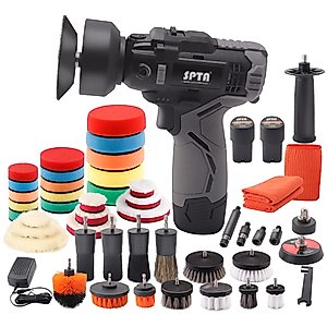 SPTA 12V Cordless Car Rotary Polisher Tool Sets, Dual Action Polisher Cordless Drill Variable Speed Buffer, 2000mAh Li-ion Battery with Fast Charger and Polishing Pads for Car Detailing and Polishing