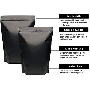 50 Pack 1 Gallon Matte Black Stand Up Food Storage Bags – 5 Mil 10x14 Inches Resealable Food Storage Zipper Pouch Bag, Large Heat Sealable Plastic Foil Packaging Pouches