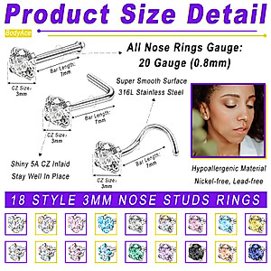 BodyAce 18pcs Stainless Steel Nose Studs Rings, 20 Gauge L Shaped stud Nose Rings for Women, Mix Colors 3mm Diamond CZ Nostril Nose Piercing Jewelry (A:Screw)