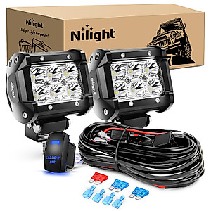 Nilight LED Light Bar 2PCS 18W Spot Led Pods Led Off Road Lights 12V 5Pin Rocker Switch LED Light Bar Wiring Harness Kit 2 Leads for Truck SUV ATV UTV, 2 Years Warranty