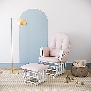 Storkcraft Premium Hoop Glider and Ottoman (White Base, Pink Cushion) – Padded Cushions with Storage Pocket, Smooth Rocking Motion, Easy to Assemble, Solid Hardwood Base