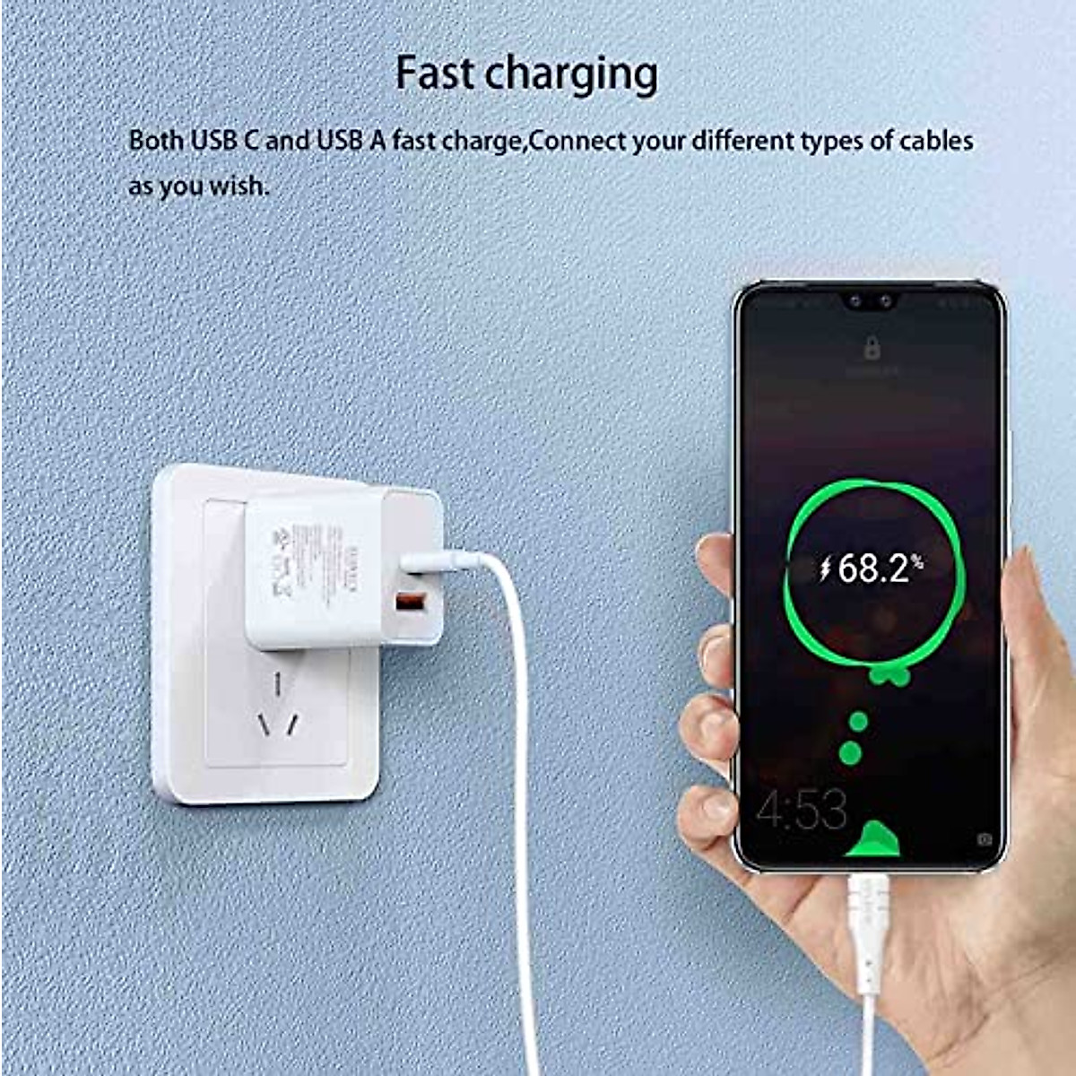Fast European Charger Plug EU (USB C+USB A) Power Adapter for Samsung Galaxy S22/S21/S20/S10/S22 Ultra/S21+/S20 FE/A53/A32,iPhone 13/12/11/XS/XR,Motorola, Google Pixel