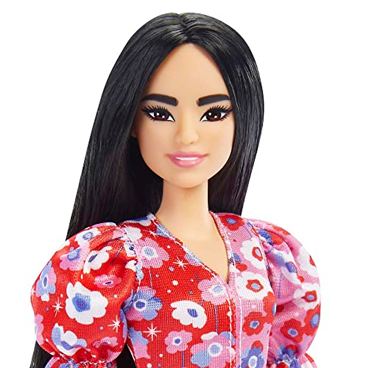 Barbie Fashionistas Doll, with Long Black Hair & Color Block Floral Dress with Puffed Sleeves, Strappy Purple Heels, Butterfly Ring, Toy for Kids 3 to 8 Years Old