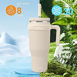 Zukro 50 oz Mug Tumbler with Handle and Screw on Lid, Vacuum Insulated Stainless Steel Tumbler with Straw Lid, Leakproof Straw Cup, Keeps Drinks Cold 30 Hours, Fit in Cup Holder - Beige