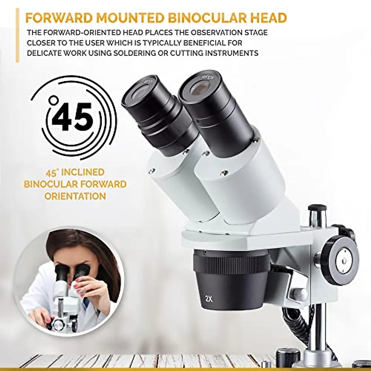 AmScope SE306R-PZ-LED Forward-Mounted Binocular Stereo Microscope, WF10x and WF20x Eyepieces, 20X/40X/80X Magnification, 2X and 4X Objectives, Upper and Lower LED Lighting, Reversible Black/White Stage Plate, Pillar Stand, 120V or Battery-Powered