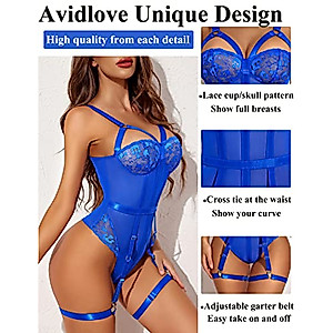 Avidlove Garter Lingerie Sexy Lace Chemise Sexy Corset Teddy Lingerie with Garter Belt(Royal Blue, L)