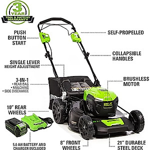 Greenworks 40V 21" Cordless Self-Propelled Lawn Mower,(500 CFM/120 MPH) Axial Leaf Blower,13" String Trimmer,Cordless Hedge Trimmer,12" Chainsaw Combo Kit w/ (1) 5Ah (1)2AH Battery, (2) 2A Chargers