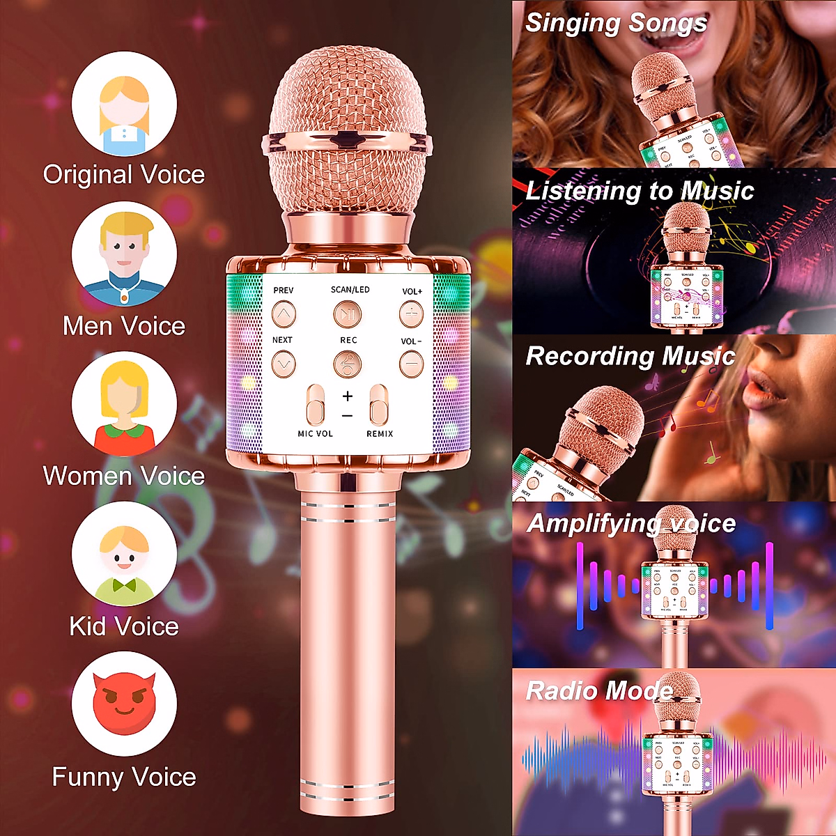 Microphone Kids Karaoke Microphone for Singing, 5 in 1 Bluetooth Microphone with LED Lights Karaoke Machine Portable Mic Speaker Player Recorder for Home Party Birthday (Pink)