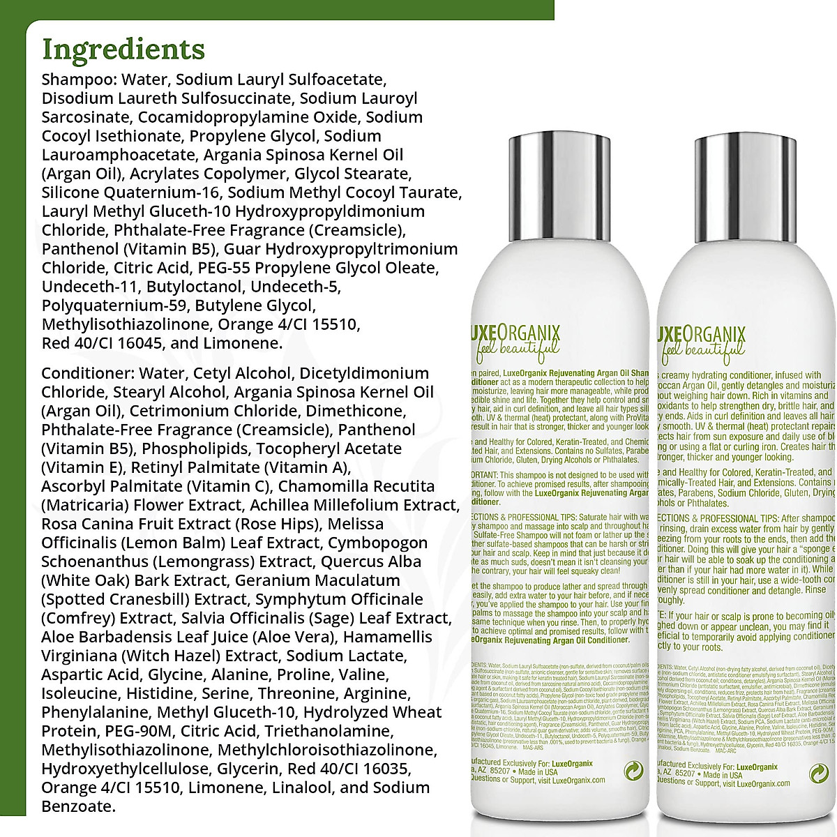 LuxeOrganix Sulfate Free Shampoo and Conditioner: Keratin Safe & Paraben Free - Moroccan Argan Oil Smooths & Moisturizes, Best for Dry, Damaged, Frizzy, & Curly Hair (8oz Set)