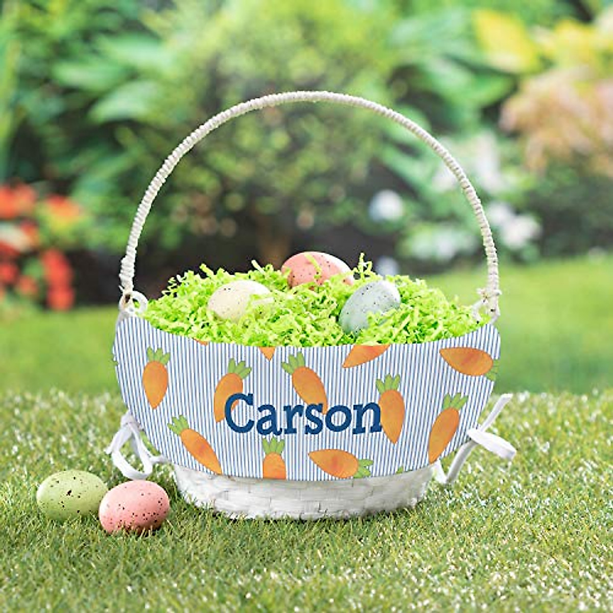 Personalized Easter Egg Basket for Boy with Handle and Custom Name | Carrot Easter Basket Liners | White Basket | Woven Easter Baskets for Kids | Customized Easter Basket | Gift for Easter