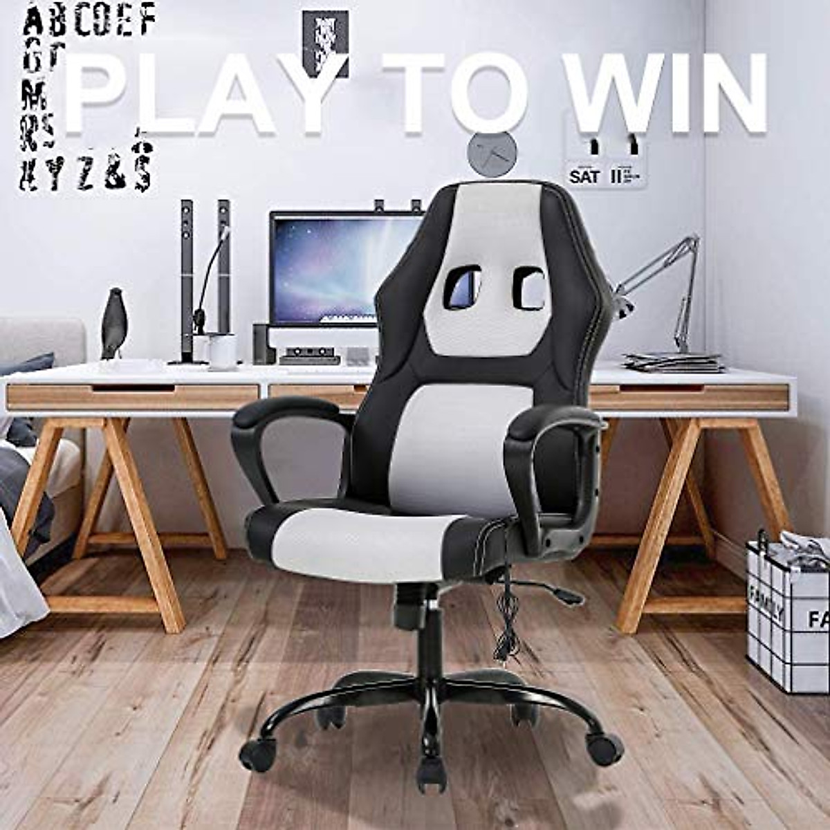 Gaming Chair Office Chair Desk Chair Massage Ergonomic PU Leather Racing Chair with Lumbar Support Headrest Armrest Task Rolling Swivel Computer Chair for Women Adults Girls(White)