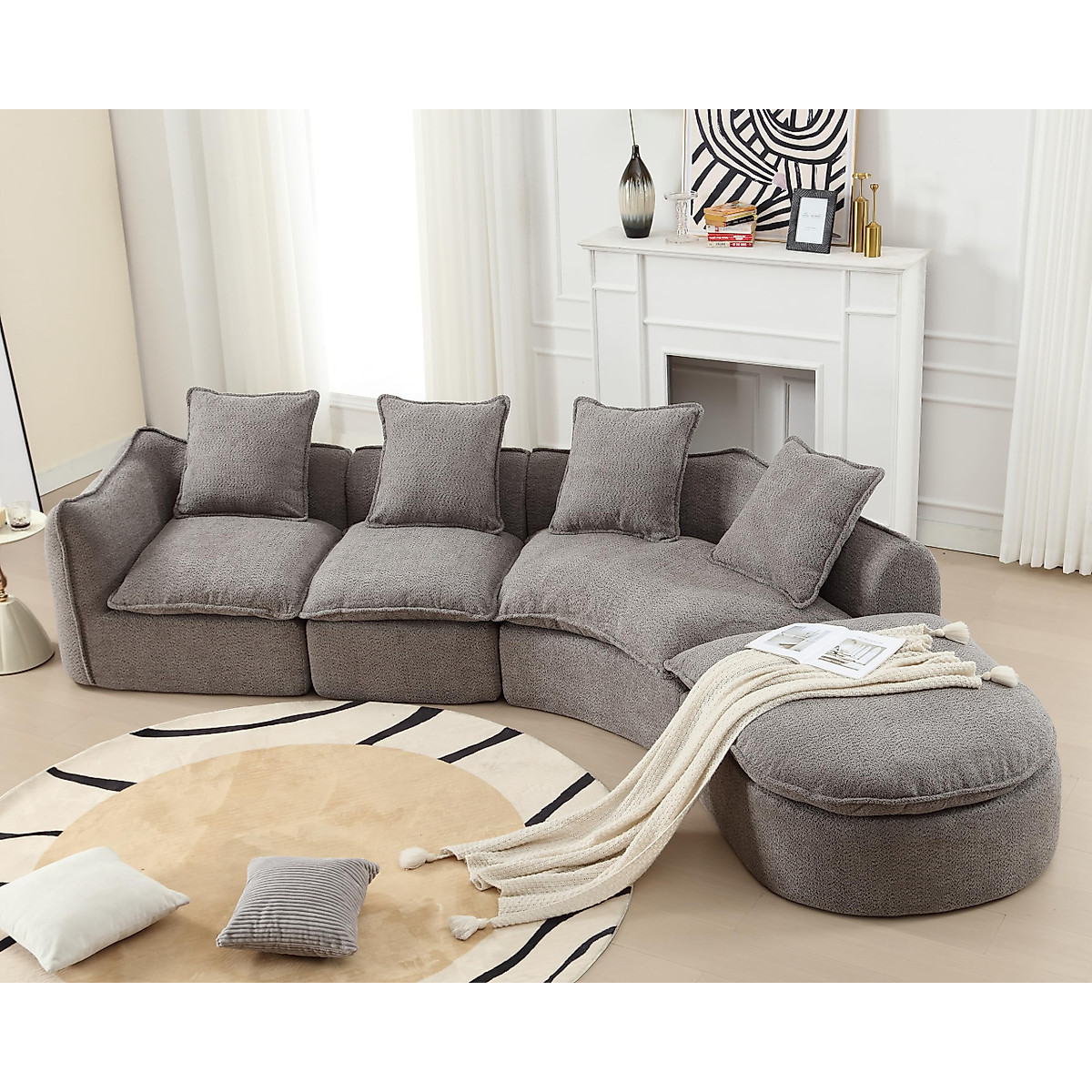 Haplized 137.8” Curved Boucle Sofa Couch, Modern Sectional Sofa Cloud Deep Seat Couch with 4 Pillows, Comfy Modular 5-Seat Couches for Living Room Apartment (Grey)