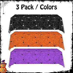 Halloween Tablecloth Plastic Disposable - Table Cloth Cover Party Decorations for Rectangle Tables Black Spider Web Purple Orange 54x108 Inch(3 Pack)