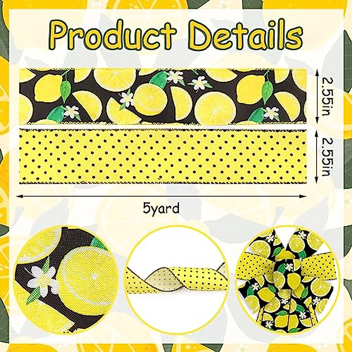 ALIBBON 2 Rolls 2.5" × 5 Yd Summer Lemon Wired Ribbon Summer Flower Burlap Ribbons Fruits Ribbon Flaxen Yellow Dots Ribbon for Summer Wreath DIY Crafting Gifts Wrapping Party Decoration