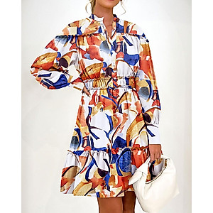 KIRUNDO Women Long Sleeve Dress Button Up Oil Mottled Print Exotic Dresses Casual Loose Elastic Waist A Line Short Dress Party Dress Homecoming Dresses(Blue, Small)