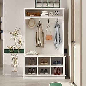 AIEGLE Entryway Hall Tree with Shoe Bench, 3-in-1 Hallway Hall Tree with Coat Rack, 6 Shoe Storage Cubes and 4 Hanging Hooks, White (39.8" L x 17.3" W x 67.1" H)