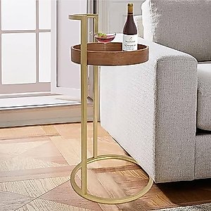 RiteSune Small Gold Round C Table with Handle, 28'' Tall Side Table Slide Under Couch with Brown Wood Top for Coffee and Snack Drink Tray