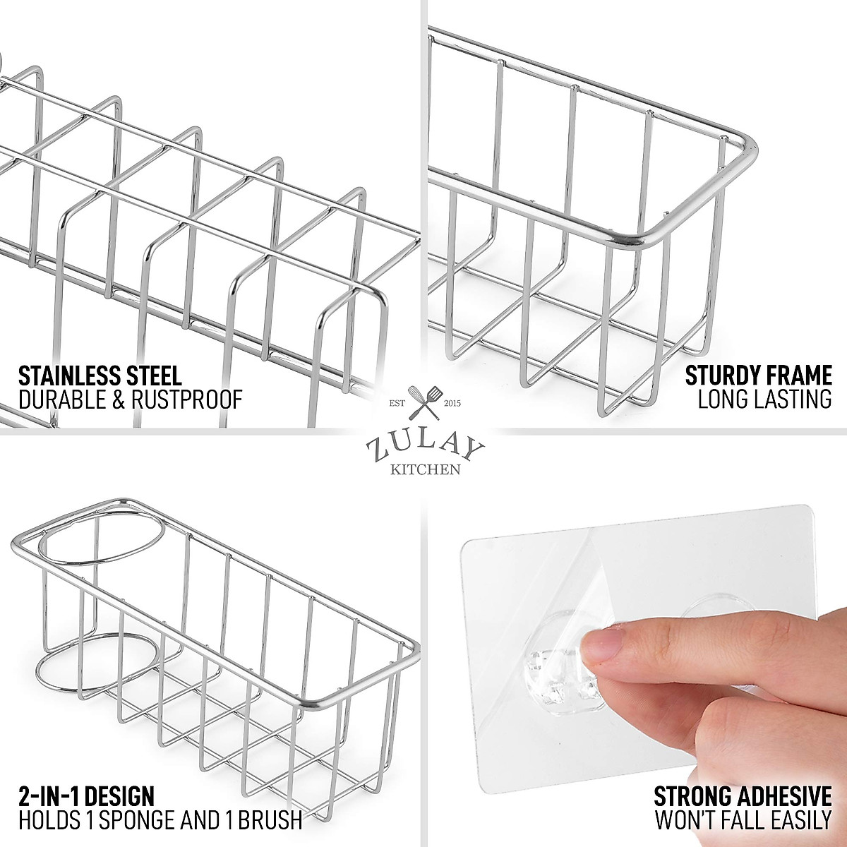 Zulay 2-in-1 Sponge Holder for Sink - Stainless Steel Kitchen Sink Sponge Holder with Extra Strong Adhesive - Rust Proof Dish Brush Holder & Dish Sponge Holder - Solid Sponge Caddy Sink Organizer